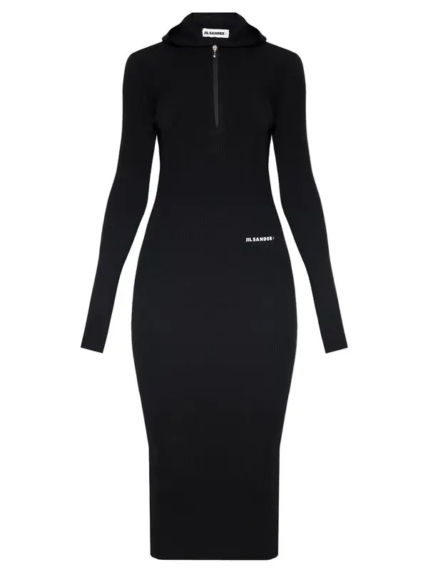 JIL SANDER Ribbed Wool-blend Hoodie Dress - Black