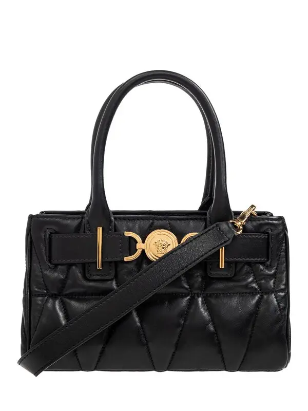 Versace Handbag With Quilted Pattern And Detachable Shoulder Strap - Black