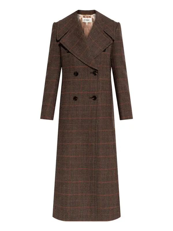 Chloé Double-breasted Checked Wool And Silk Coat - Brown