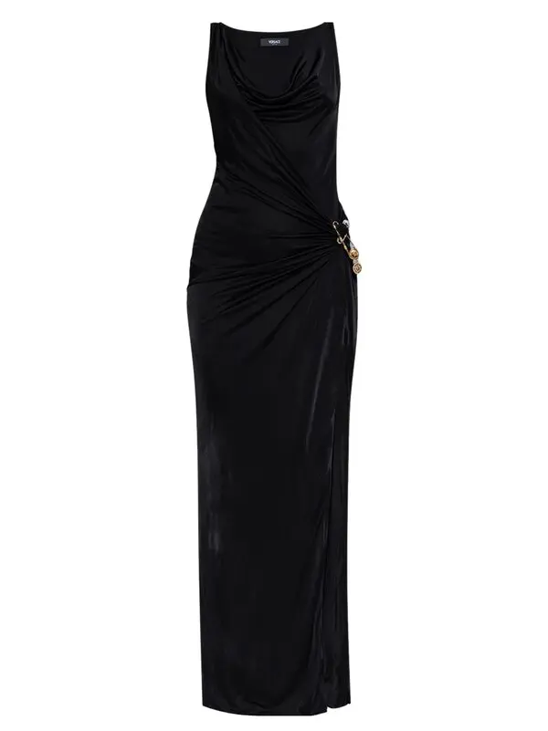 Versace Logo Embellished Draped Viscose Dress - Black