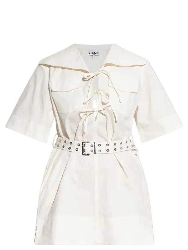 GANNI Belted Dress With Laced Neckline - Cream