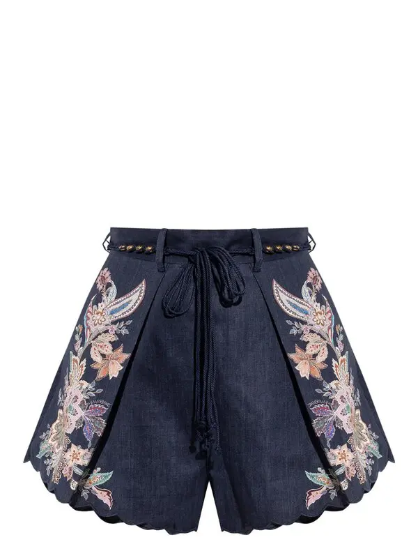 Zimmermann Linen Shorts With Floral Embroidery - Navy Blue