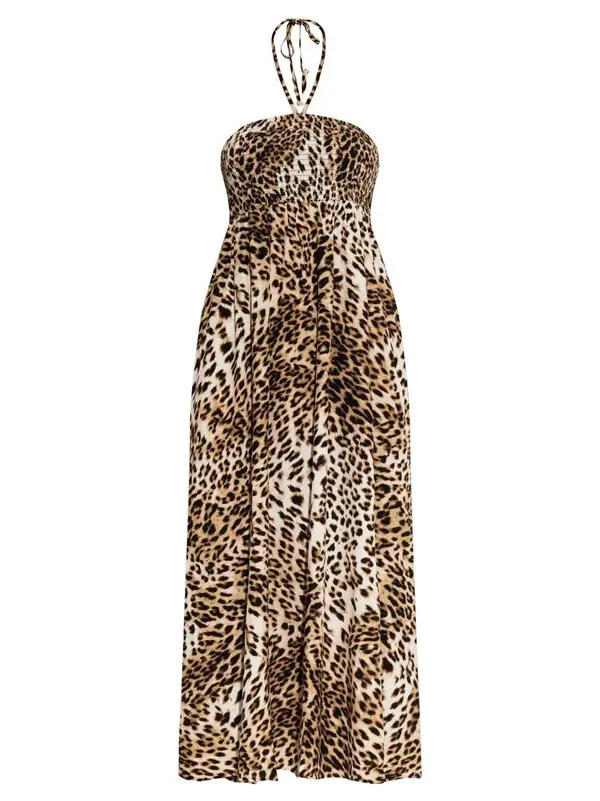 GESTUZ Strapless Leopard Print Maxi Dress - Beige