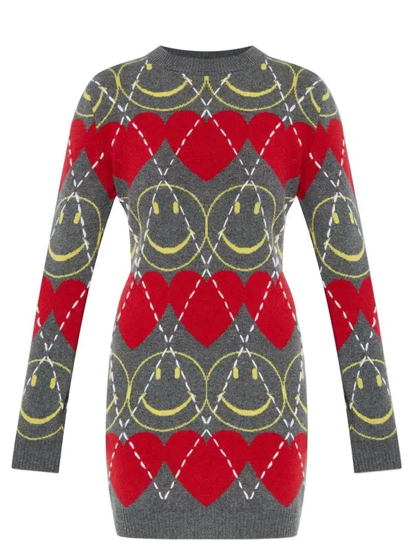Moschino X Smiley Argyle Knit Mini Dress - Grey