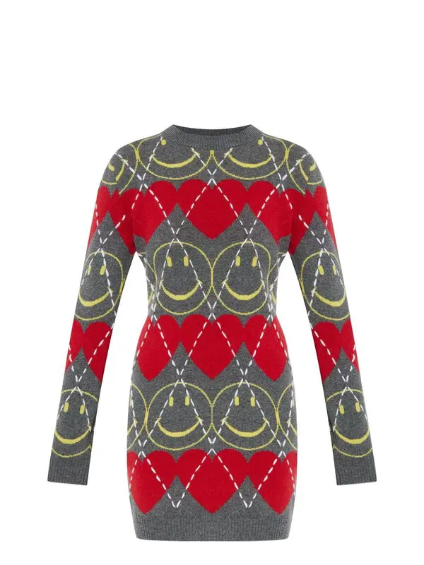 Moschino X Smiley Argyle Knit Mini Dress - Grey