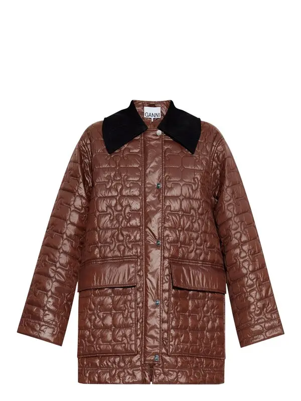 GANNI Quilted Jacket With Corduroy Collar - Brown