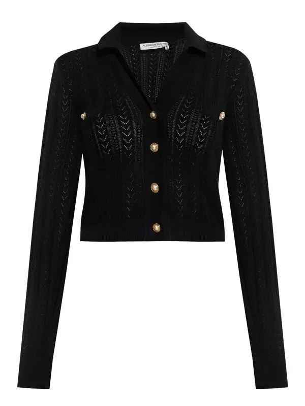 Alessandra Rich Cardigan With Decorative Knit And Pearl Buttons - Black