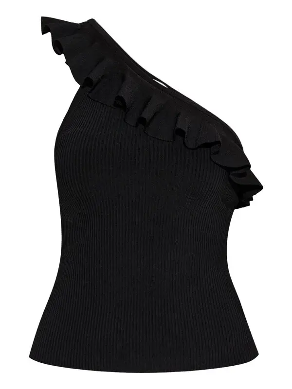 Zimmermann One-shoulder Ribbed Top With Ruffle Detail - Black