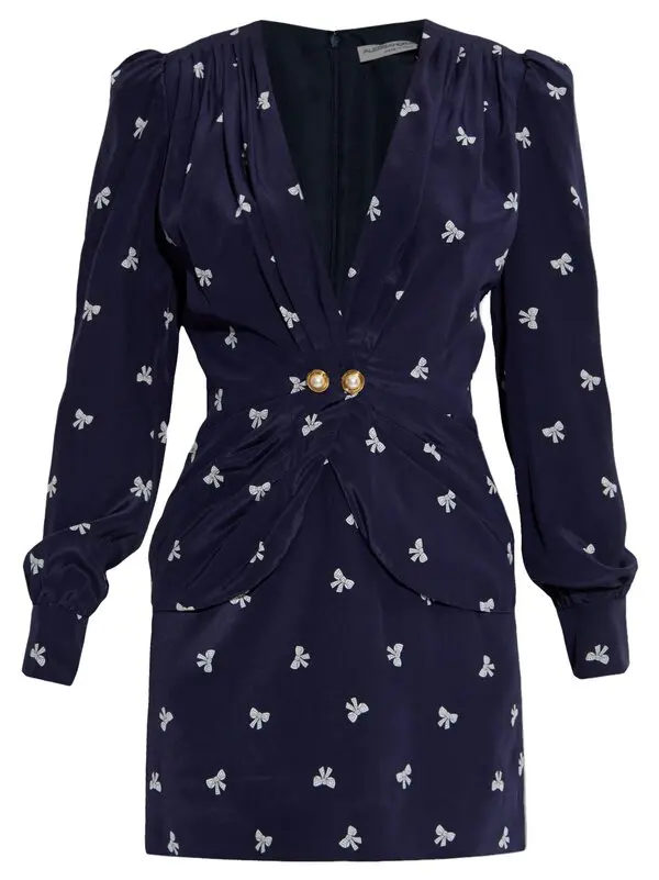 Alessandra Rich Bow Print Silk Mini Dress - Navy Blue