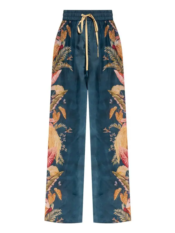 Zimmermann Silk Wide-leg Trousers With Botanical Print - Navy Blue