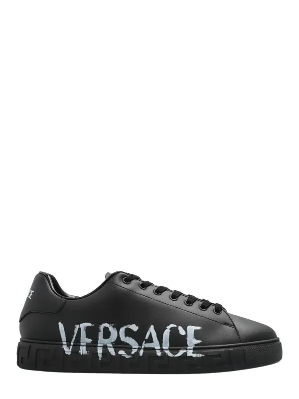 Versace Leather Sneakers With Logo - Black