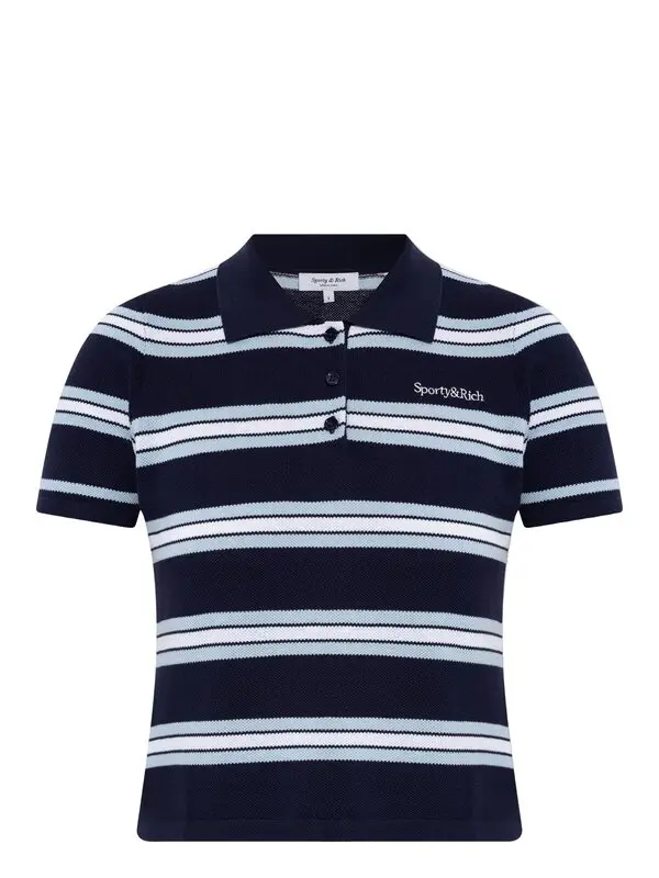 SPORTY & RICH Striped Silk-cotton Polo Shirt - Navy Blue