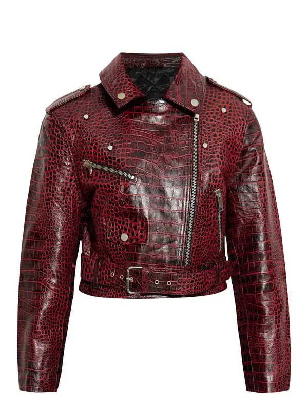 GESTUZ Gzbasilia Crocodile-embossed Lambskin Leather Biker Jacket - Burgundy