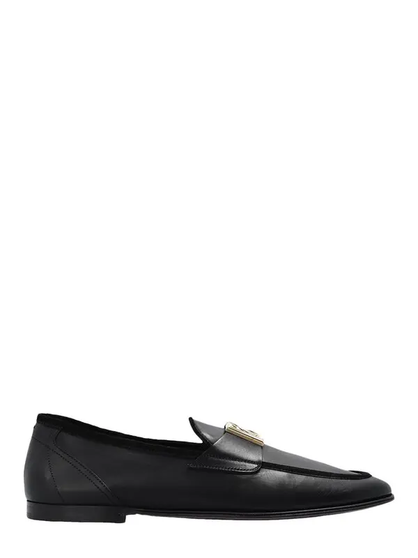 Dolce & Gabbana Leather Loafers With Gold-tone Logo Appliqu - Black
