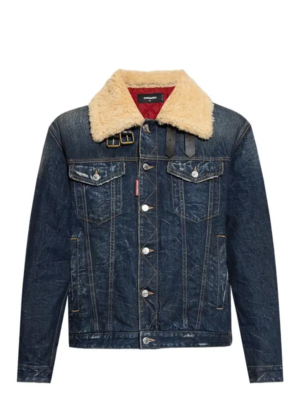 Dsquared2 Distressed Denim Jacket With Shearling Collar - Navy Blue