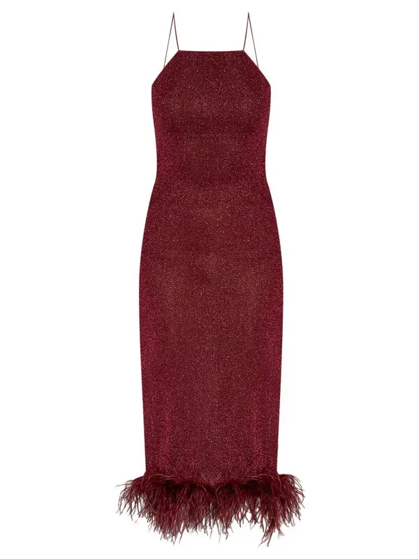 Oseree Ostrich Feather-trimmed Midi Dress - Burgundy