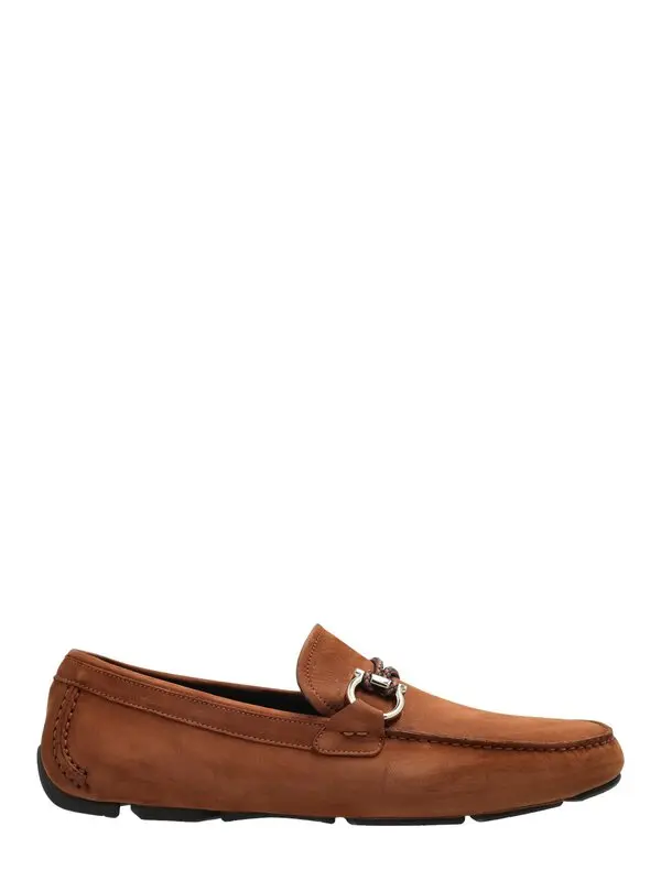 FERRAGAMO Suede Loafers With Metal Buckle - Brown