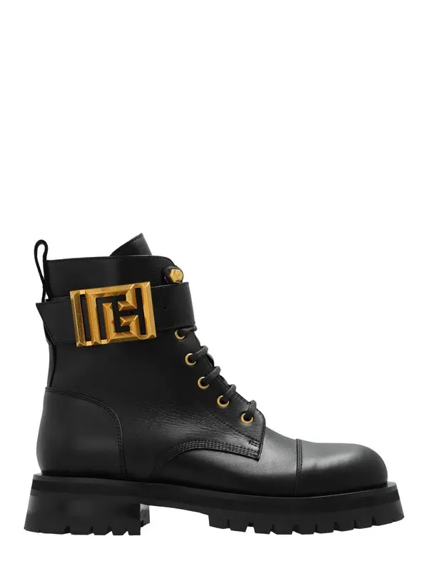 Balmain Leather Combat Boots With Golden Accents - Black