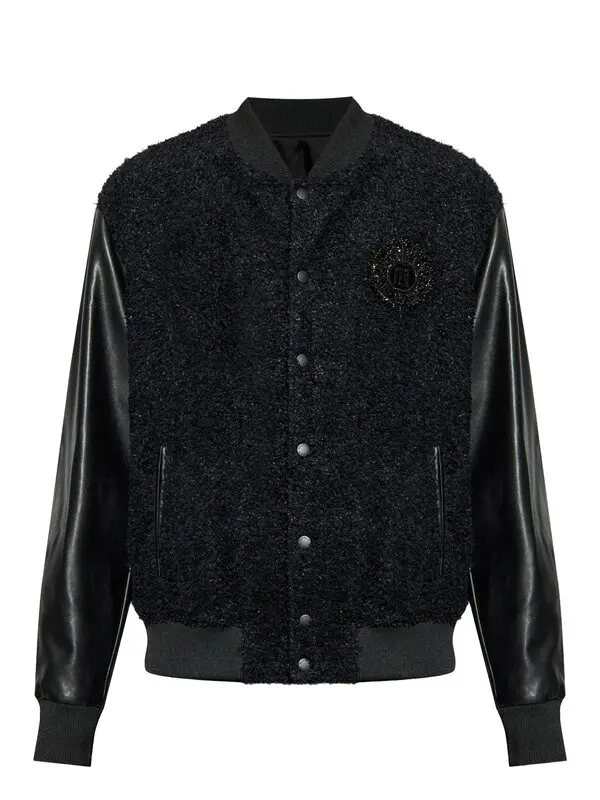 Balmain Appliquéd Bouclé Bomber Jacket - Black