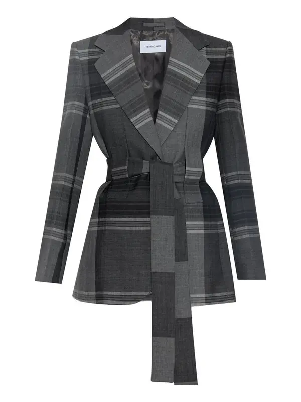 FERRAGAMO Belted Check Pattern Blazer - Grey