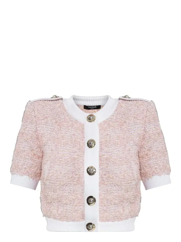 Balmain Tweed Short Sleeve Cardigan - Pink
