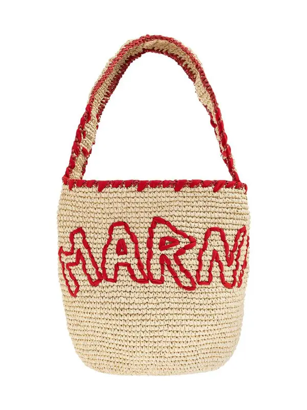 Marni Woven Shopper Bag With Embroidered Logo - Beige