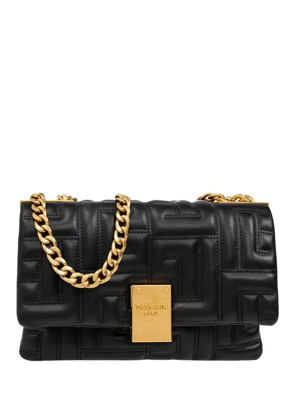 Balmain Embossed Lambskin Leather Shoulder Bag - Black