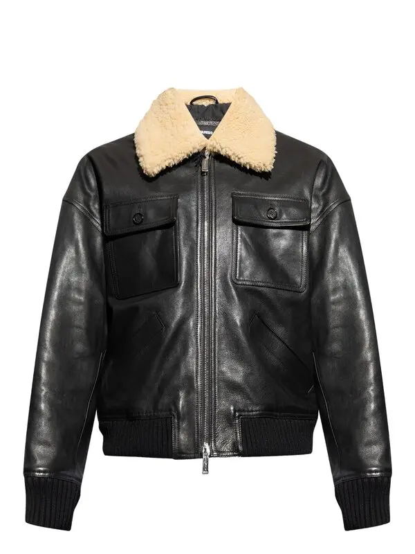 Dsquared2 Leather Bomber Jacket With Faux Fur Collar - Black
