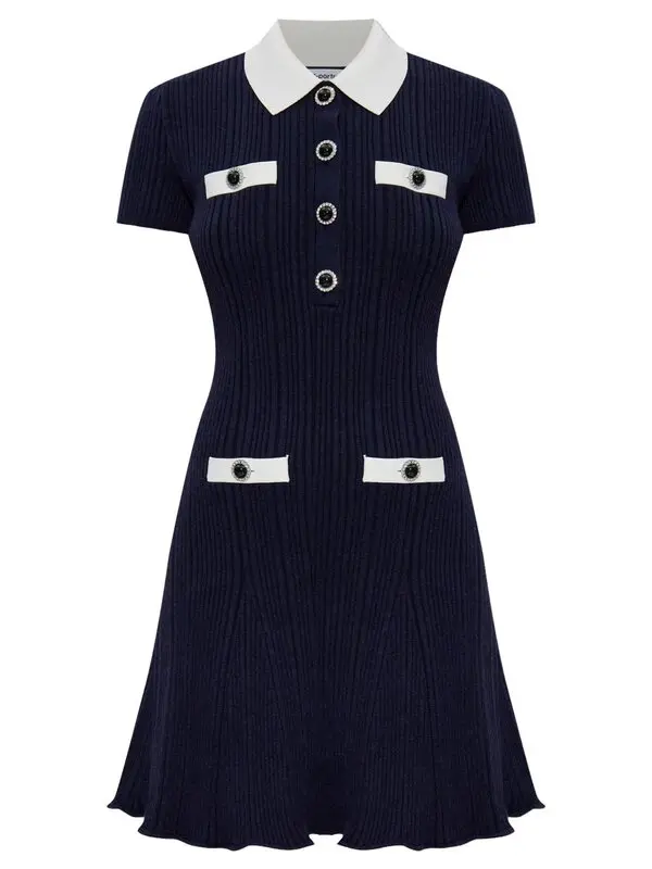 SELF-PORTRAIT Ribbed Mini Dress With Pockets - Navy Blue
