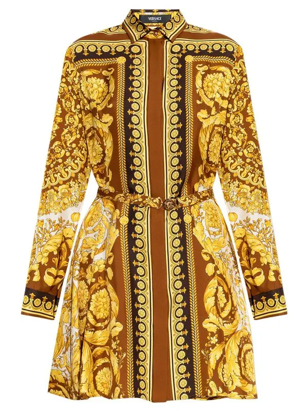 Versace Silk Shirt Dress With Baroque Print And Medusa Belt - Yellow