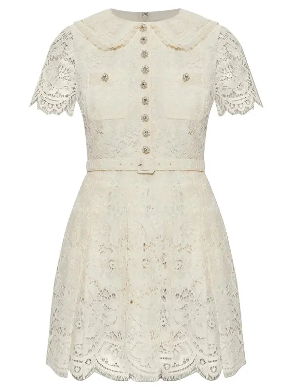 SELF-PORTRAIT Lace Mini Dress With Belt And Floral Appliqués - Cream