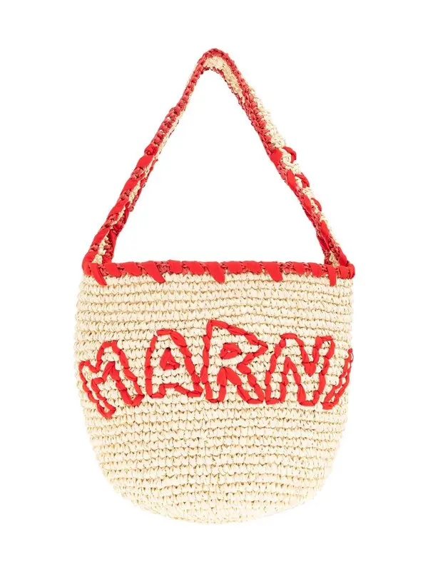 Marni Woven Raffia Shoulder Bag With Embroidered Logo - Beige