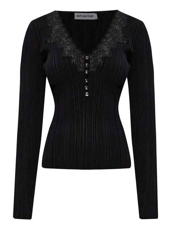 SELF-PORTRAIT Ribbed Knit Top With Shimmering Button Detail - Black