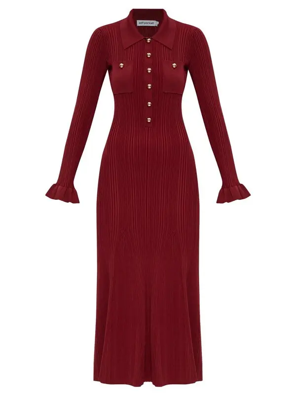 SELF-PORTRAIT Ribbed Midi Dress With Pockets - Burgundy