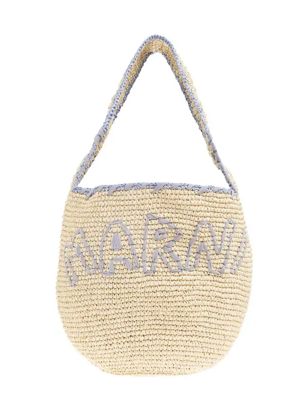 Marni Crochet Shopper Bag With Embroidered Logo - Beige