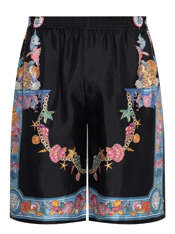 Versace Silk Shorts With Coral Theatre Print - Black