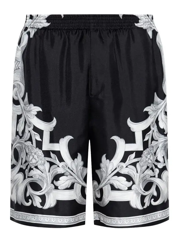 Versace Silk Shorts With Architectural Baroque Print - Black