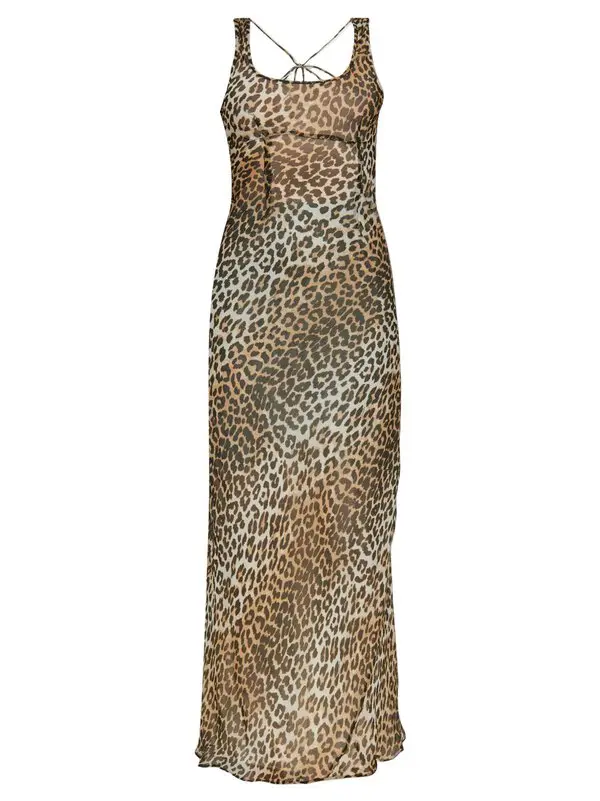 GANNI Long Leopard Print Dress - Beige