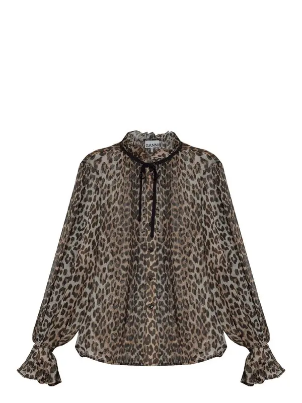 GANNI Leopard Print Sheer Shirt - Brown