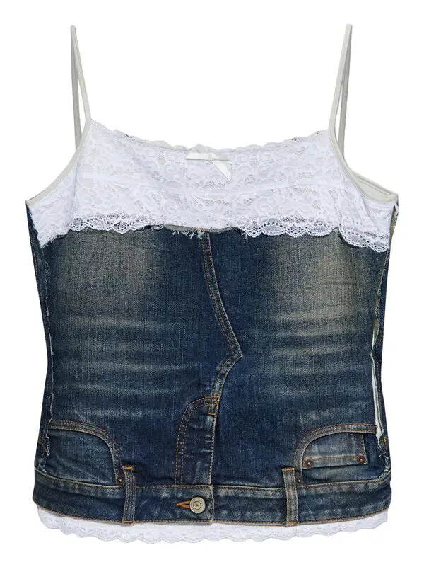 Balenciaga Denim Top With Lace Inserts - Navy Blue