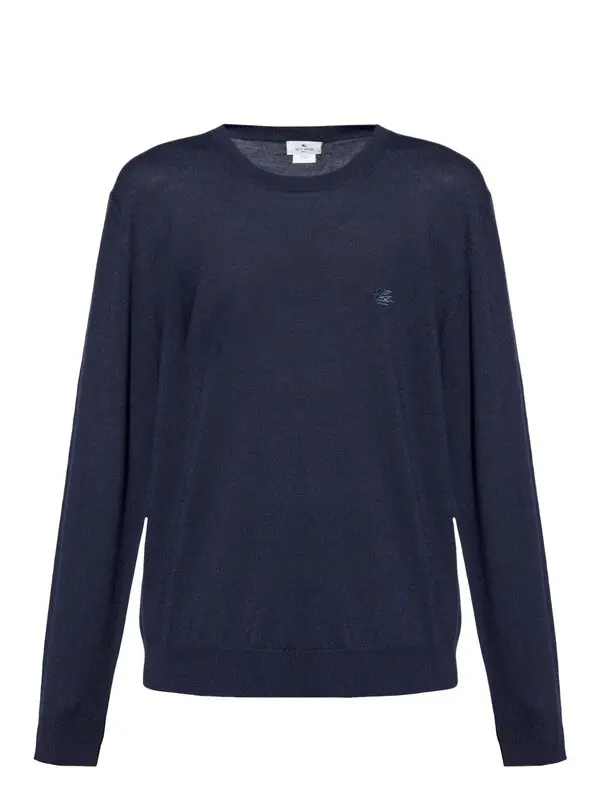 Etro Wool Sweater With Embroidered Logo - Navy Blue