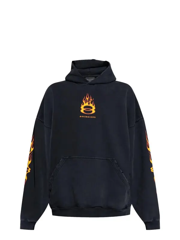 Balenciaga Cotton Hoodie With Flame Print - Black