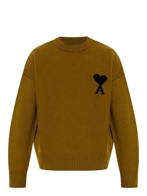 Ami Wool Sweater With Signature Emblem - Green