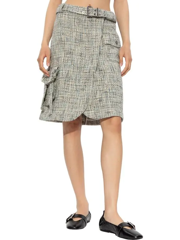 GANNI Tweed Midi Skirt With Belt - Multicolour