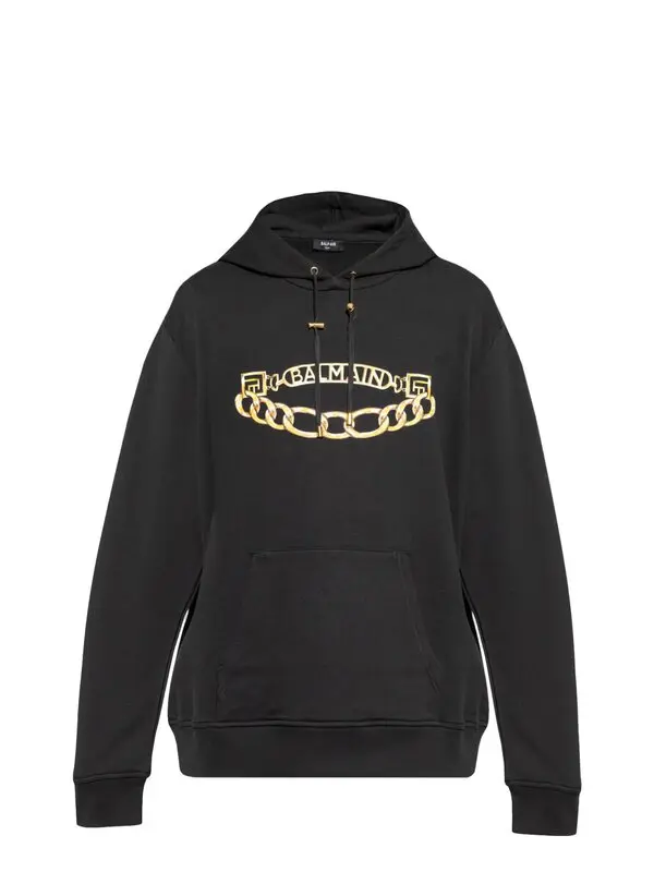 Balmain Hooded Cotton Knit Pullover With Gold Chain Motif - Black