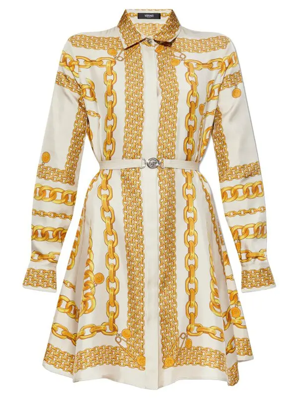 Versace Gold Chain Print Silk Shirt Dress - Yellow