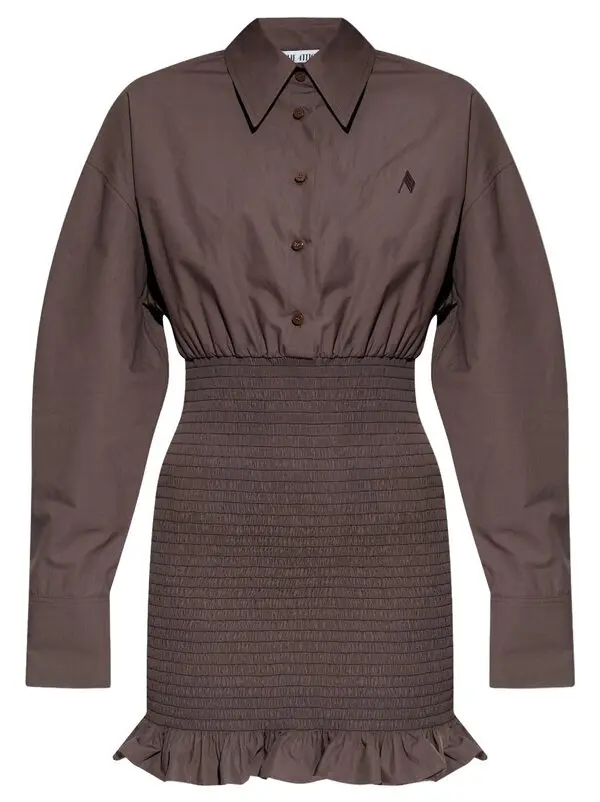 Attico Ruched Mini Shirt Dress - Brown