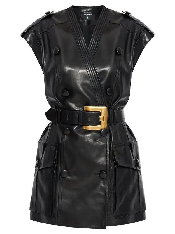Balmain Leather Mini Dress With Belt - Black