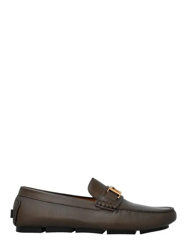 Versace Leather Loafers With Golden Ornament - Brown