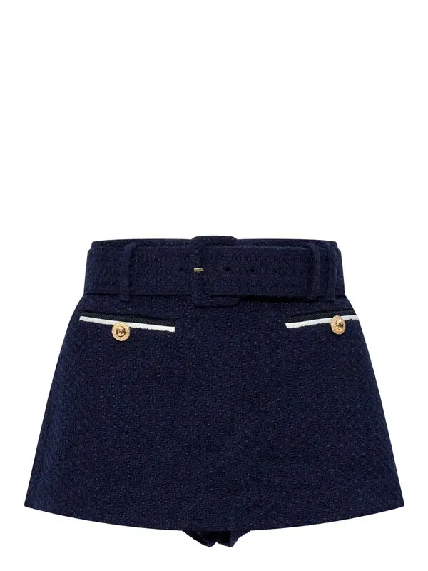 SELF-PORTRAIT Tweed Shorts With Belt - Navy Blue